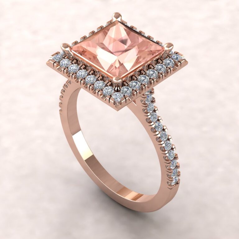 Princess Cut Morganite Ring with Diamond Halo and Cathedral Shank ⋆ ...