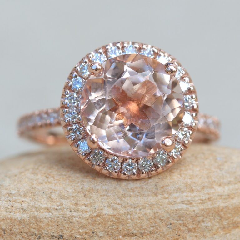 Classic Round Morganite Ring with Diamond Halo and Cathedral Shank ⋆ ...