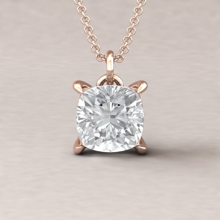Cushion Solitaire Lab Diamond Pendant, Diamond Hidden Halo Fang Prongs ...