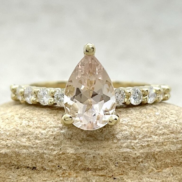 Pear Cut Natural Morganite Engagement Ring with Art Deco Diamond Shank ...