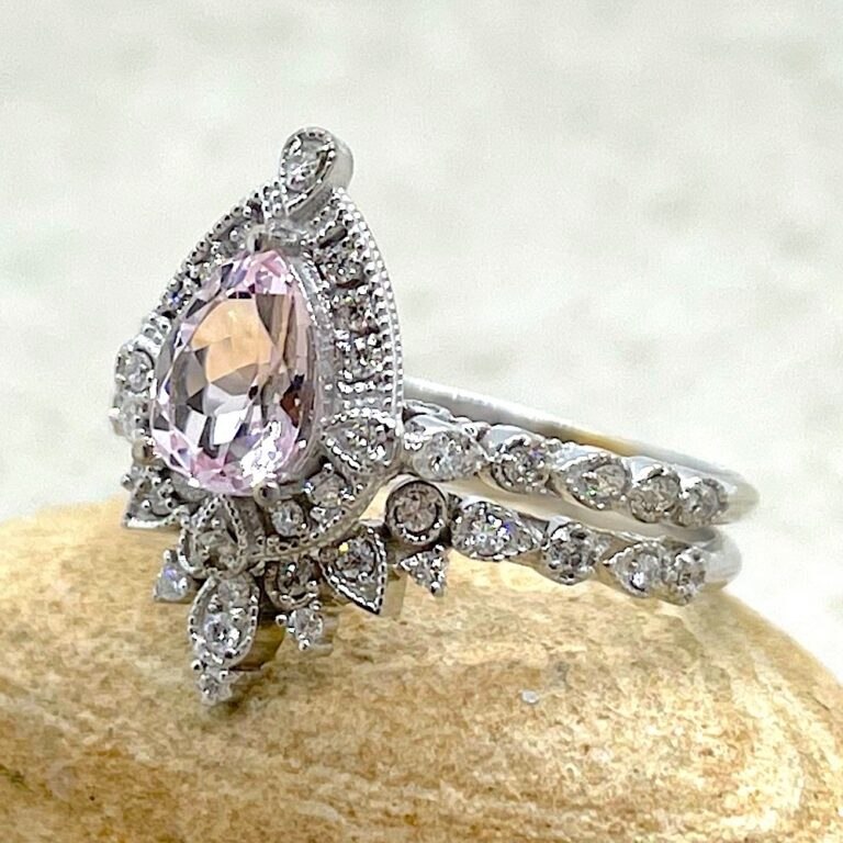 Vintage Morganite Engagement Ring Set, Detailed Milgrain Beaded Halo ⋆ ...