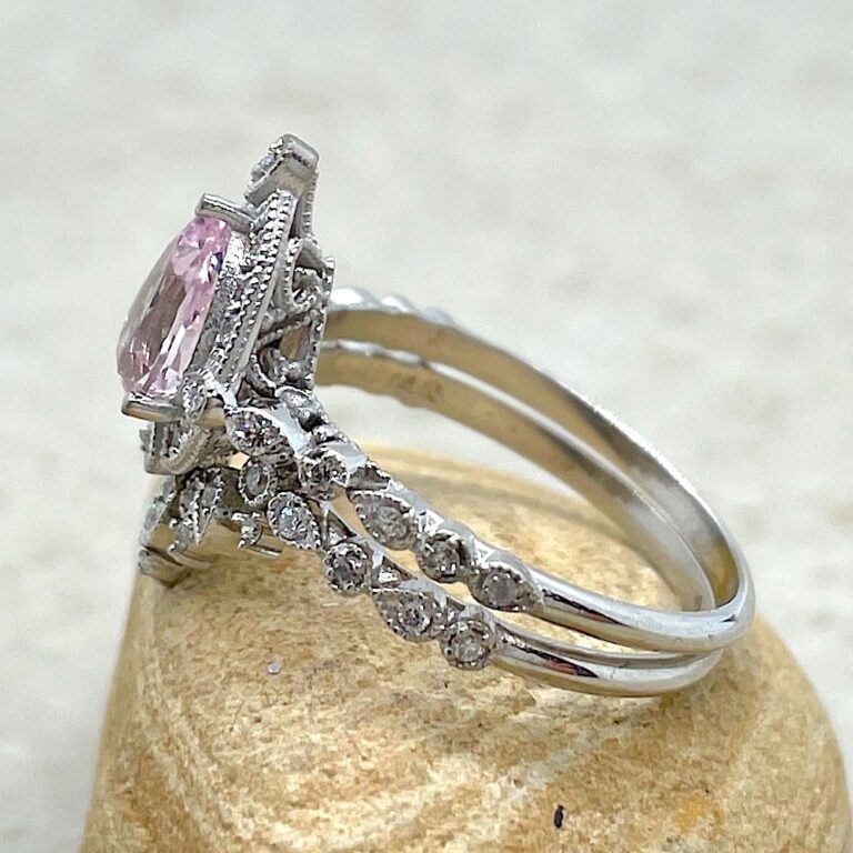Vintage Morganite Engagement Ring Set, Detailed Milgrain Beaded Halo ⋆ ...