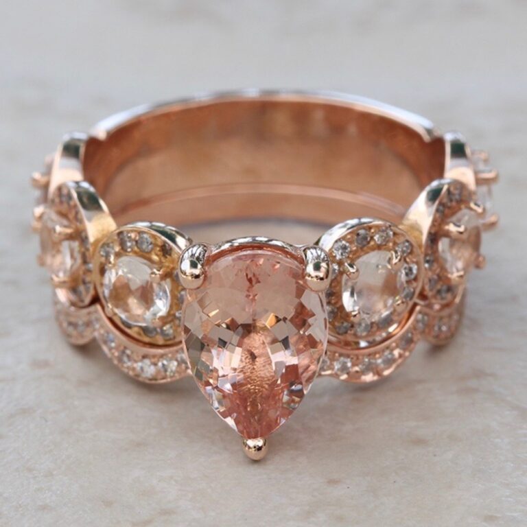 Pear Cut Morganite Bridal Set with Round Morganites and Diamond Halos ⋆ ...