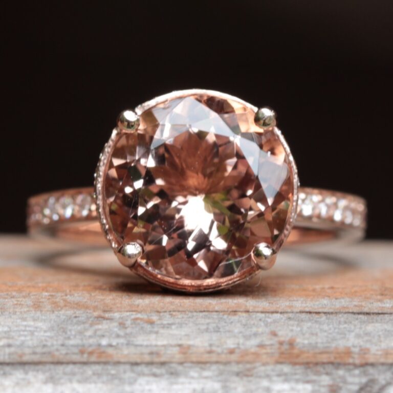 Round Morganite Ring, Hidden Halo, Filigree Heart Gallery Triple Shank ...