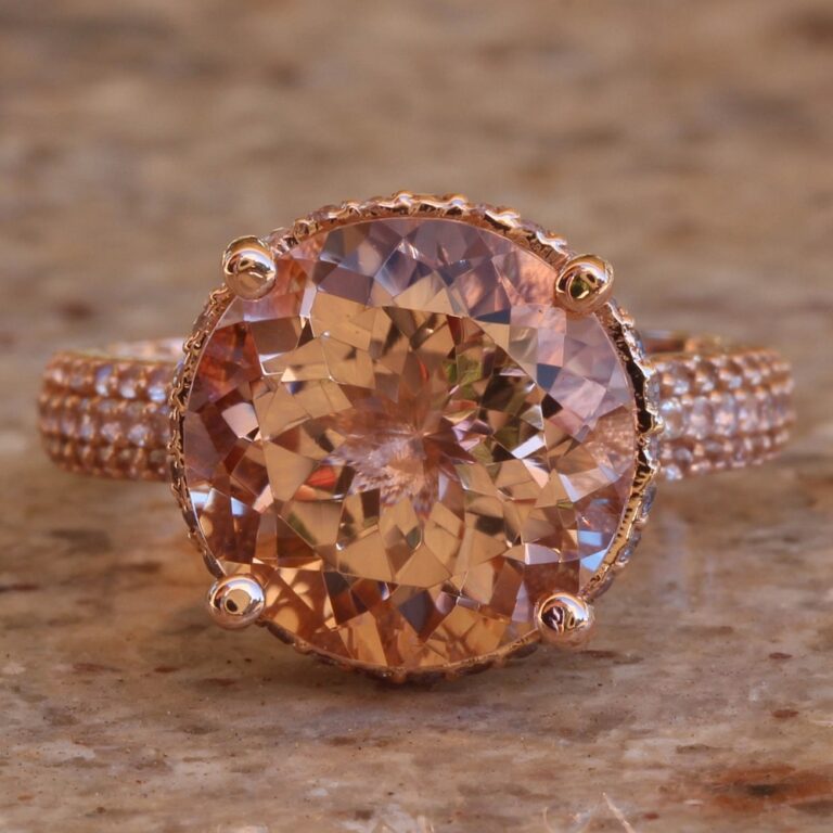 Round Morganite Ring, Hidden Halo, Filigree Heart Gallery Triple Shank ...