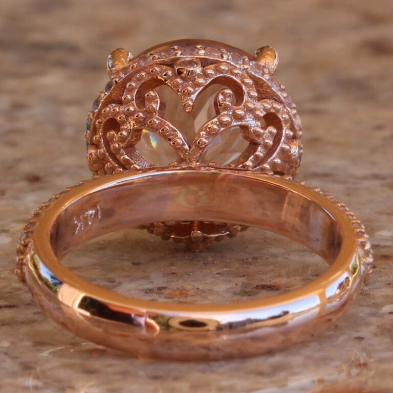 Round Morganite Ring, Hidden Halo, Filigree Heart Gallery Triple Shank ...