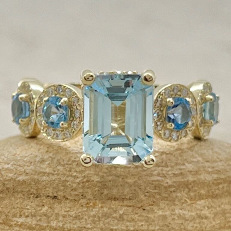 Emerald Cut Aquamarine Ring with 6 Diamond Halo Shank, Hidden Halo ⋆ ...