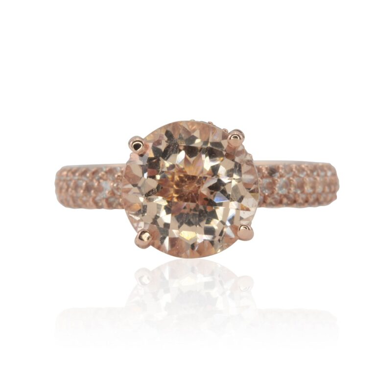 Round Morganite Engagement Ring, Hidden Halo Golden Heart Triple Shank ...